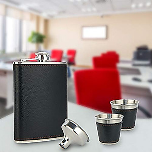 Hip Flask Gift Set, Hip Flasks for Liquor for Men with Black Leather Cover, 8 Oz Hip Flask Set, 18/8 Stainless Steel Hip Flasks for Liquor with 2 Cups & Funnel, Flasks for Liquor for Men Gift Box