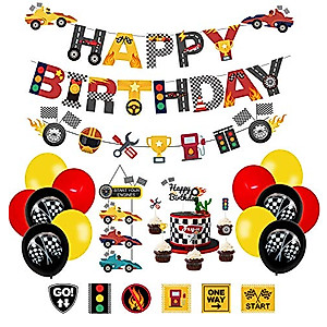 PRATYUS Race Car Birthday Decorations for Kids Boys Let's go Racing Party Supplies With Banner, Welcome Hanger, Car Party Signs, Cake Topper and Checkered Balloons