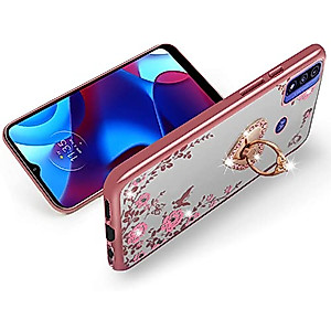 B-wishy for Motorola Moto G Pure Phone Case,Moto G Power 2022 Case for Women, Glitter Butterfly Heart Floral Slim TPU Protective Cover with Kickstand+Strap for Moto G Play 2023(Rose Gold)