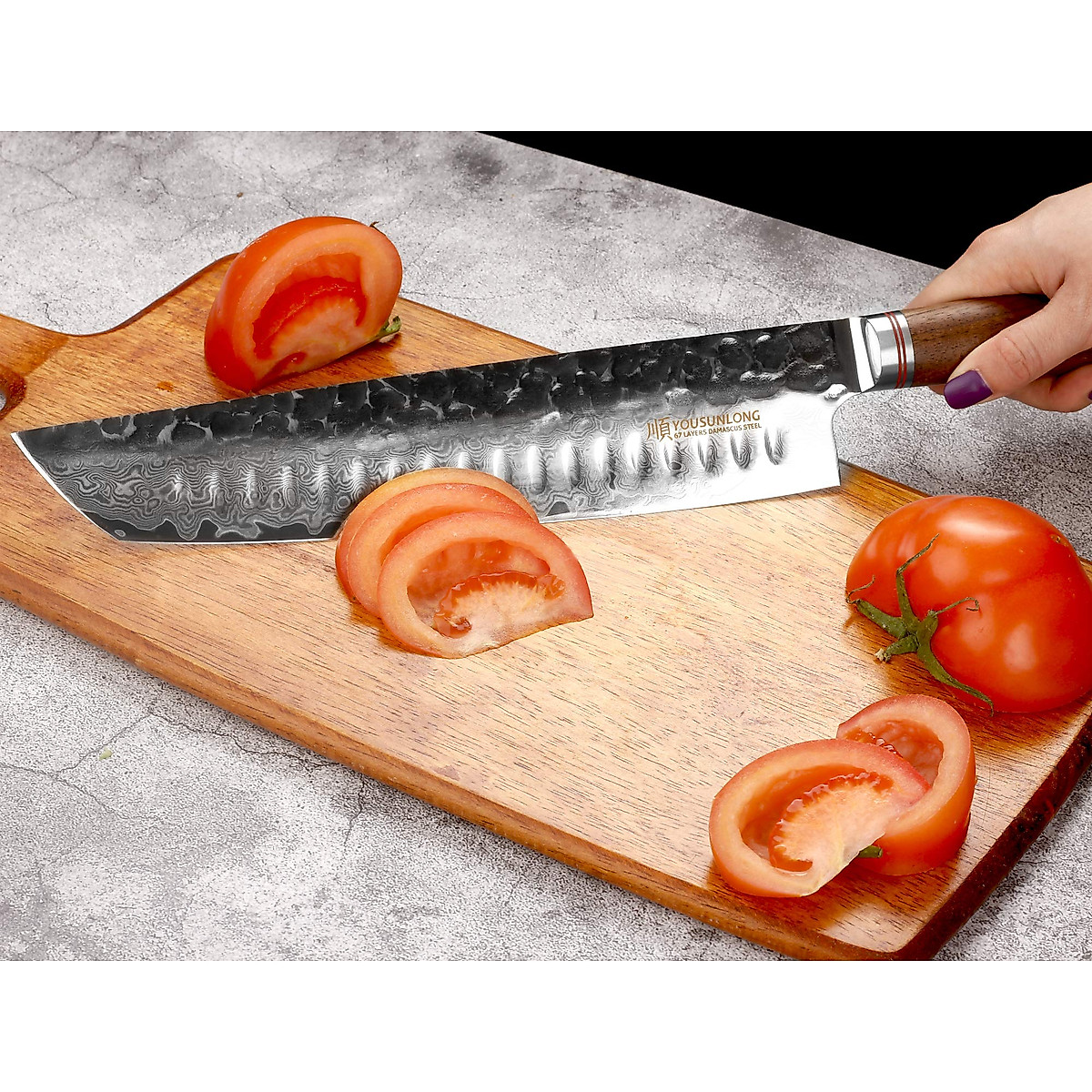 YOUSUNLONG Tanto Chef Knife 10 inch Japanese Hammered Damascus Steel - Natural Walnut Handle with Leather Sheath