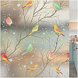 Viseeko Stained Glass Window Film: Bird Window Privacy Film Non-Adhesive Window Clings Room Decor Frosted Window Decals UV Blocker Removable for Bathroom Kids Study Room
