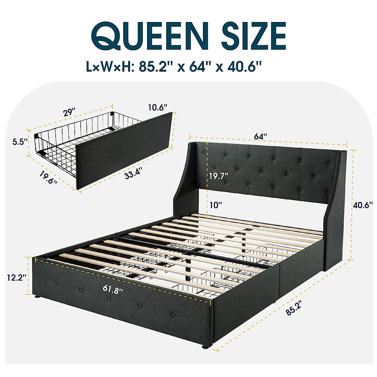 WEEWAY Upholstered Queen Size Bed Frame with 4 Storage Drawers and Wingback Headboard, Button Tufted Design, No Box Spring Needed, Easy Assembly, Dark Grey