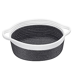 Maison Sympa Small Handmade Woven Basket Cotton Rope Basket Baby Toy and Pet Toy Basket with Handles Book Basket Bathroom Organization Bin Candy Basket 11.8"x 7.8" x 5" (white & dark grey)