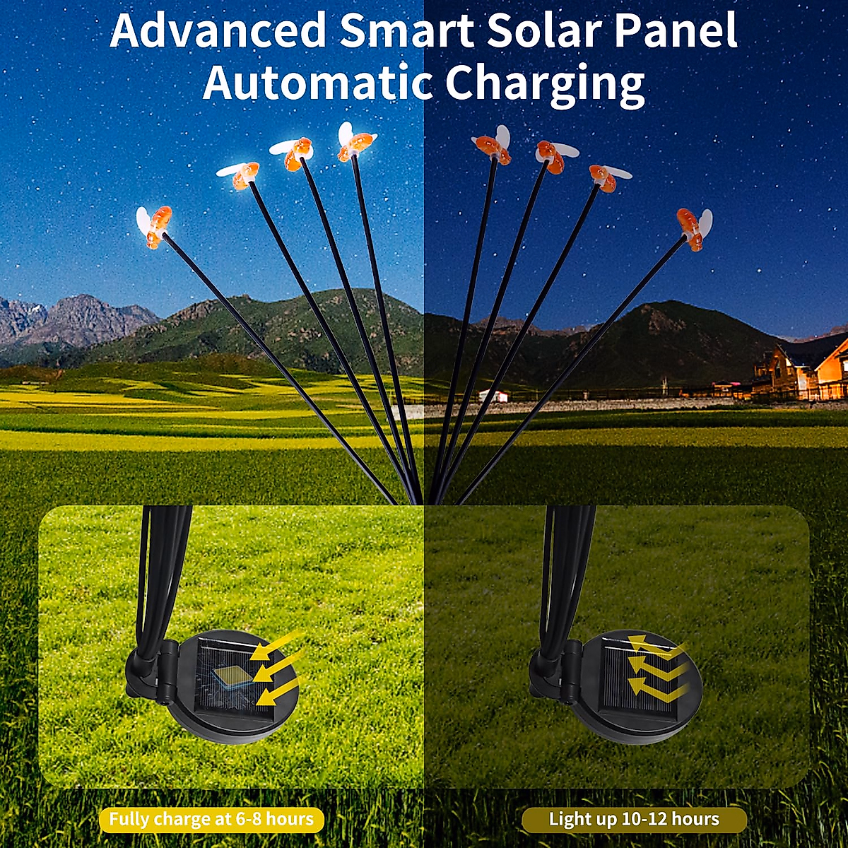 4 Pack 48 LED Solar Firefly Lights, Solar Bee Garden Lights with 2 Lighting Mode, Upgraded Solar Panel, Swaying Waterproof Walkway Lights for Outdoor Garden Yard Lawn Fence