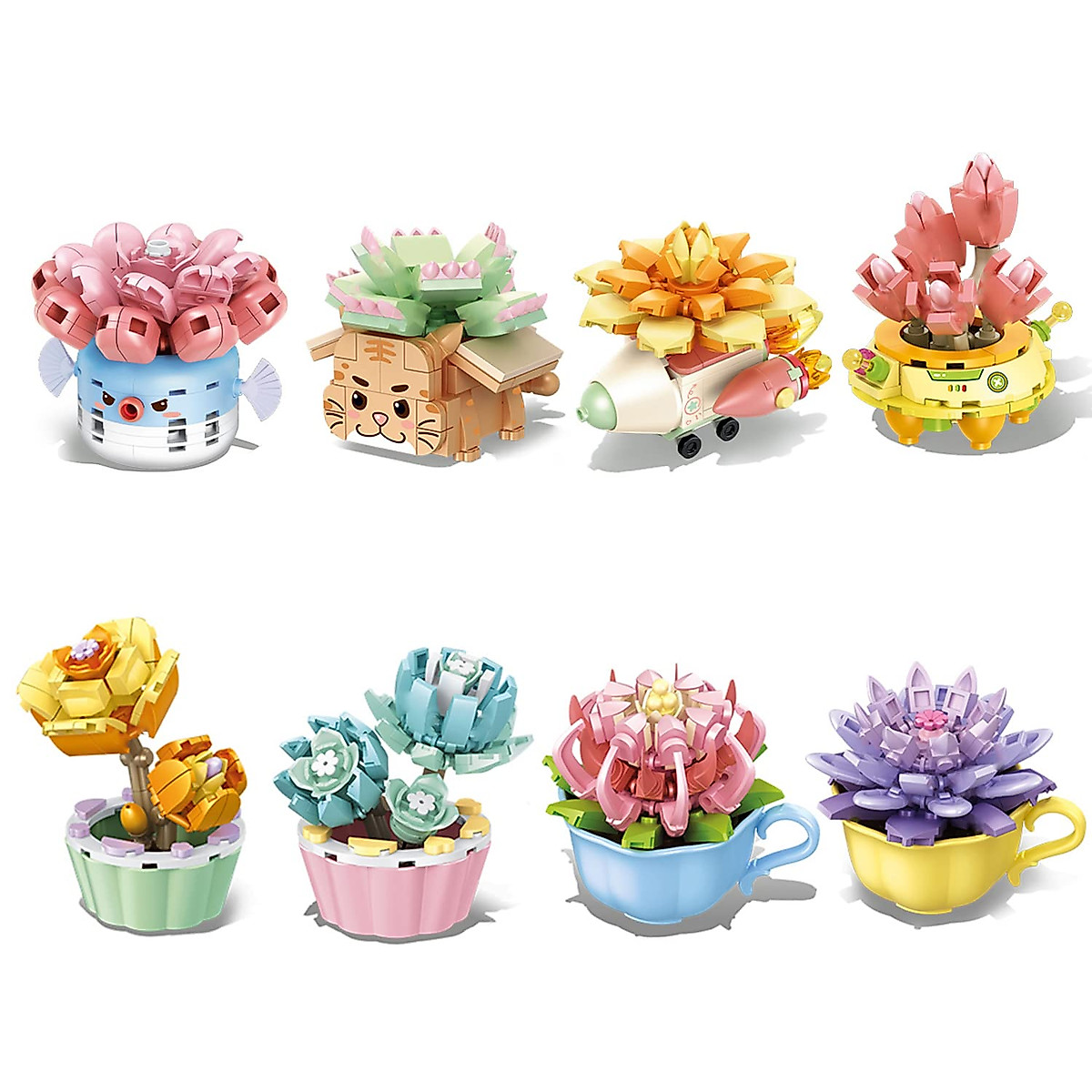 MEIEST Mini Succulent Bonsai Building Blocks Set,Creative Simulation Pot Plant Artificial Particle Flower Botanical Collection Construction Building Bricks Toy,Cute Home Decor (Tiger)