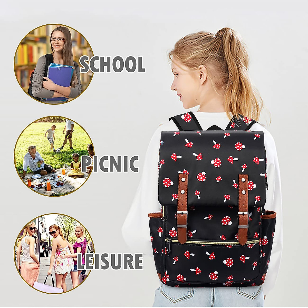 Junlion Slim Laptop Backpack College Student School Bag Travel Rucksack Daypack Mushroom