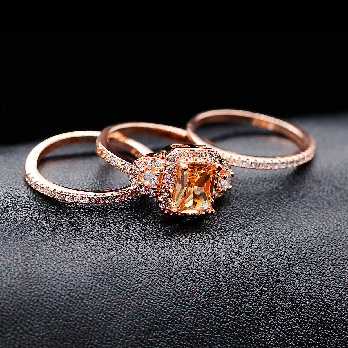 Uloveido Sqaure Orange Yellow CZ Zircon 3-Stone Stack Rings Set for Anniversary Bridal Bridesmaid, Rose Gold Plated Cubic Zirconia Crystal Rings Eternity Bands (Size 10) Y434