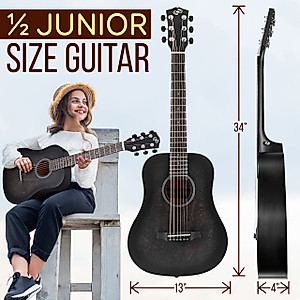 Pyle Acoustic Guitar Kit, 1/2 Junior Size All Wood Steel String Instrument for Beginner Kids, Adults, 34" Black Matte