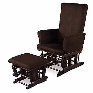 Costzon Glider and Ottoman Set, Wood Baby Rocker Nursery Furniture for Napping Reading Nursing, Cleanable Upholstered Comfort Rocking Nursery Chair with Detachable Cushion (Brown)