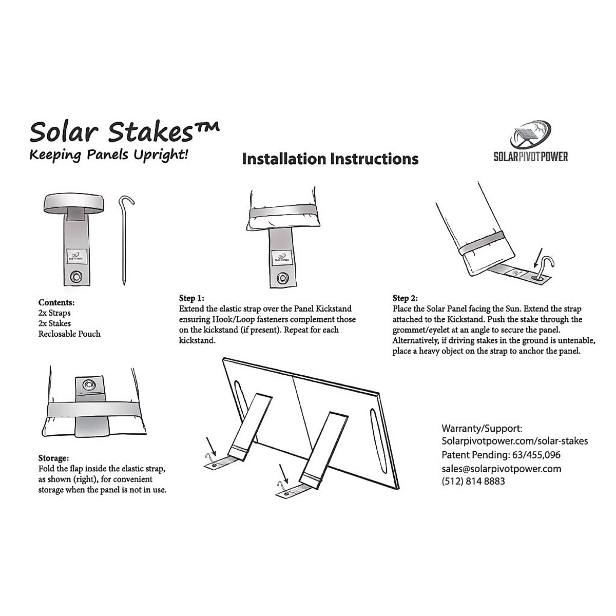 Solar Stakes - Anchor Portable Solar Panels with Seamless Add-on, Heavy Duty Strap with Hook/Loop and Elastic, 7" Aluminum Stake, Prevents Wind Tipping