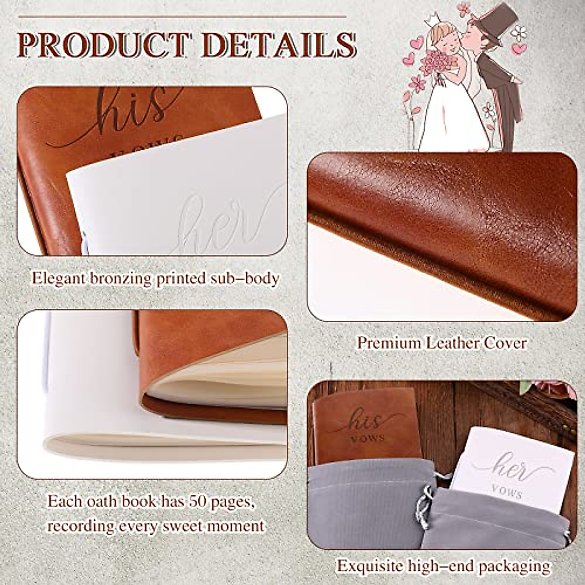 2 Pcs Wedding Vow Books His and Hers Vow Books Vow Notebook for Wedding Vows Journal Wedding Day Officiant Book 5.9 x 3.9 Inch, Bridal Shower Gifts, Wedding Keepsake, 50 Pages/Pcs (White, Brown)