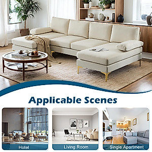 VINGLI 110" Modern U Shaped Sectional Couch with 51"D Double Chaise for Living Room, Beige Deep Seat Sectional Sofa Sets with 5.9" Thickness Seating Padding for Home Furniture,Linen Fabric,Metal Legs