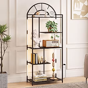 Lifewit Arched Geometric Led Display Shelf with Adjustable Color Temperature, Brightness Control, Etagere Bookshelf with Metal Frame and Wood Shelf for Living Room, Bedroom, Curio Cabinet, Black