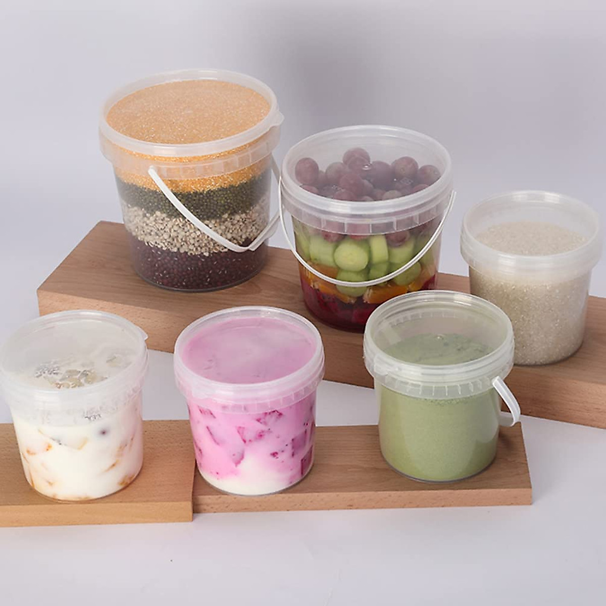 Operitacx 2 Pcs Clear Plastic Container with Lid Ice Cream Bucket Food Storage Containers Freezer Storage Buckets Round Plastic Pails with Handle for Homemade Ice-cream 1L