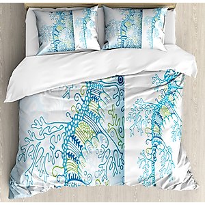 Ambesonne Animal Duvet Cover Sets, Ornamental Seahorse Fish Figure in Soft Colors Submarine Underwater Design, Bedding Set with 2 Duvet Covers 4 Pillowcases, 2 Pack Cal King Size, Blue Green