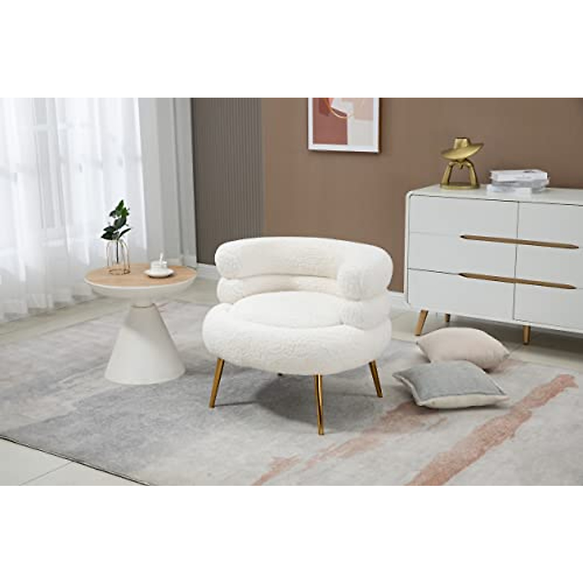 ZOBIDO Modern Accent Lambhair Chairs Comfy Upholstered Vanity Chairs for Bedroom Armchair Dining Chairs with Golden Metal Legs Desk Chair Single Person sofafor Living Room(White)