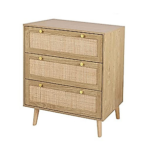 Anmytek Modern Rattan Wood Chest of 3 Drawer Dresser with Spacious Storage for Bedroom Living Room H0027, Rustic Oak