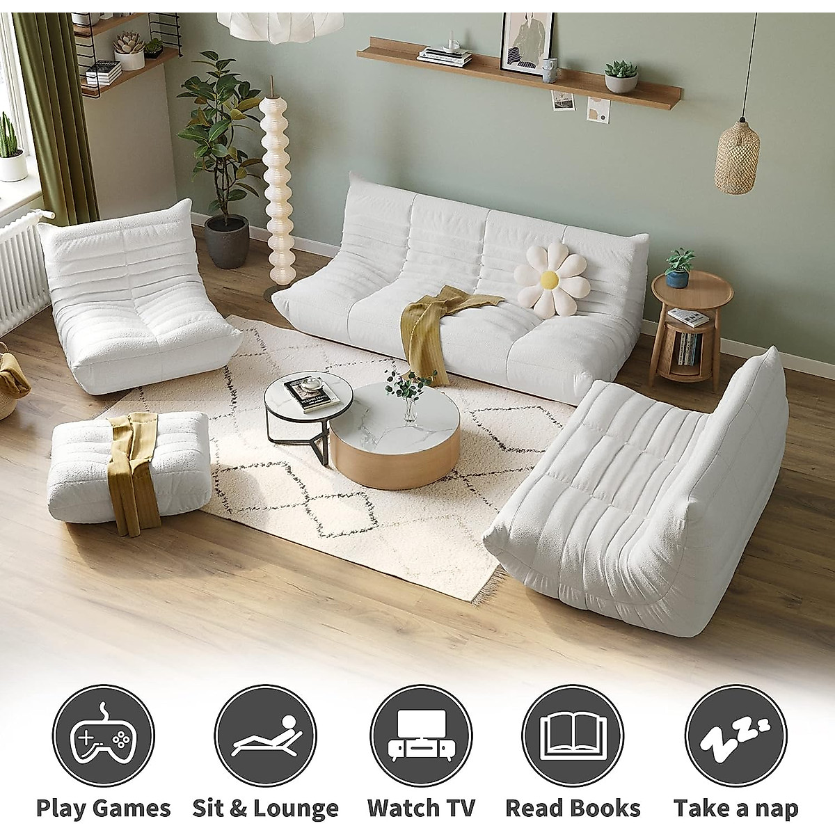 JACH 34" Comfy Lazy Floor Sofa Couch, Teddy Velvet Mohair Fireside Corner Bean Bag Chairs for Adults, Soft Lounge Foam-Filled Accent Single Chair for Living Room Bedroom Office Salon, Beige