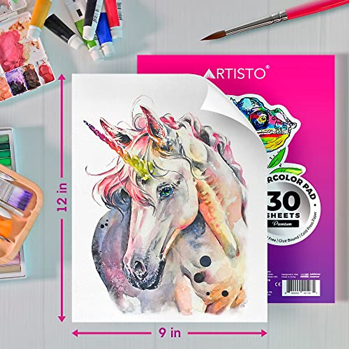 Artisto Watercolor Pads 9x12”, Pack of 2 (60 Sheets), Glue Bound, Acid-Free Paper, 140lb (300gsm), Perfect for Most Wet & Dry Media, Ideal for Beginners, Artists & Professionals