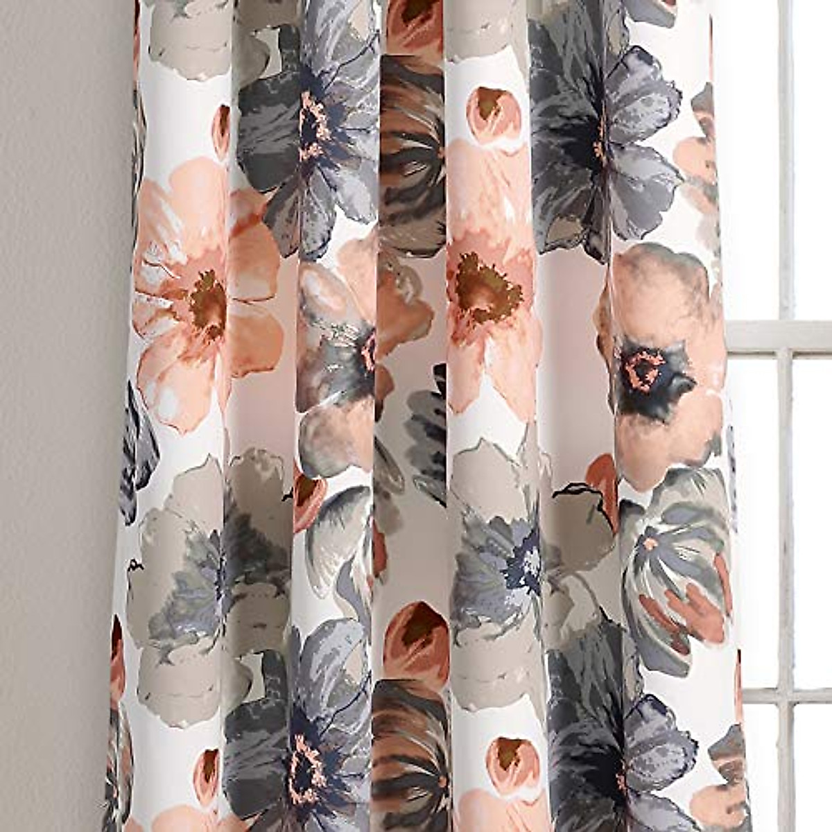 Lush Decor Leah Room Darkening Window Curtain Panel Pair Floral Insulated Grommet, 52"W x 84"L, Coral and Gray
