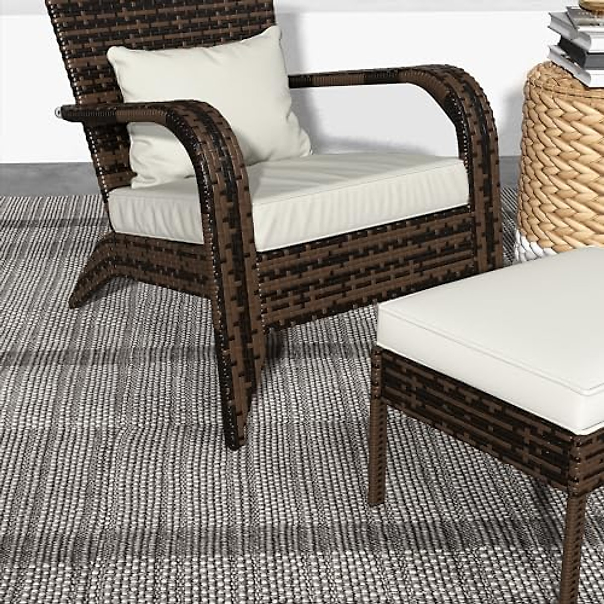 Outsunny Patio Wicker Adirondack Chair with Ottoman, Outdoor Fire Pit Chair with Cushions, High-Back, Large Seat & Armrests for Deck, Garden & Backyard, Cream White