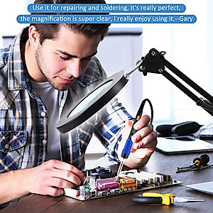 LANCOSC 2-in-1 Magnifying Glass with Light and Stand, 3 Color Modes Stepless Dimmable, 5-Diopter Real Glass Magnifying Desk Lamp & Clamp, LED Lighted Magnifier for Repair, Reading, Crafts, Close Works