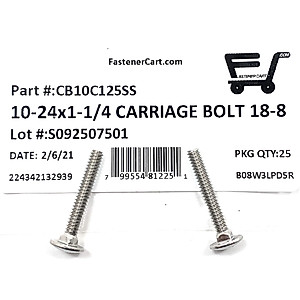 10-24x1-1/4 Carriage Bolts Stainless Steel 18-8 (25 Pieces)
