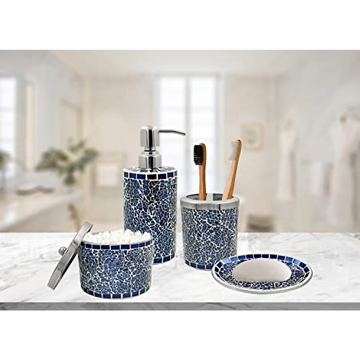 LushAccents Bathroom Accessories Set, 5-Piece Decorative Glass Bathroom Accessories Set, Soap Dispenser, Soap Tray, Vanity Tray, Jar, Toothbrush Holder, Elegant Midnight Blue Mosaic Glass