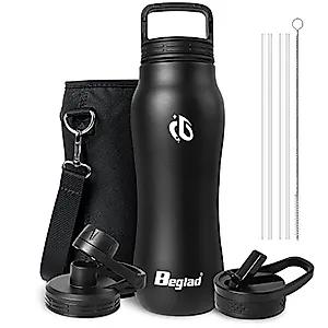 Beglad 24 oz Water Bottle Flask Jug, Vacuum Insulated Stainless Steel Water Bottle whit 3 Lids, Double Walled Metal Canteen Water Jug Thermo Mug, Hot Cold Water Bottles for Gym Travel Sports, Black