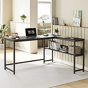 CubiCubi L Shaped Desk, 55.1 inch Corner Computer Desk with Storage Shelves, Study Writing Table Workstation with Open Shelves for Home Office, Black