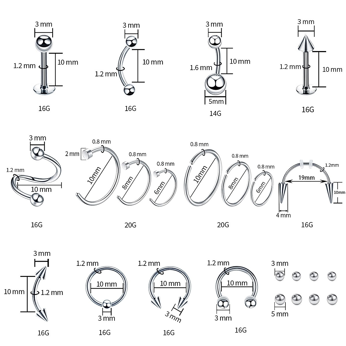 Tustrion 94PCS Mixed-pack Piercing Kits for All Body Piercings Stainless Steel 14G 16G 20G Jewelry and Needle with Tools Nose Septum Lip Ear Belly Button Cartilage Tragus