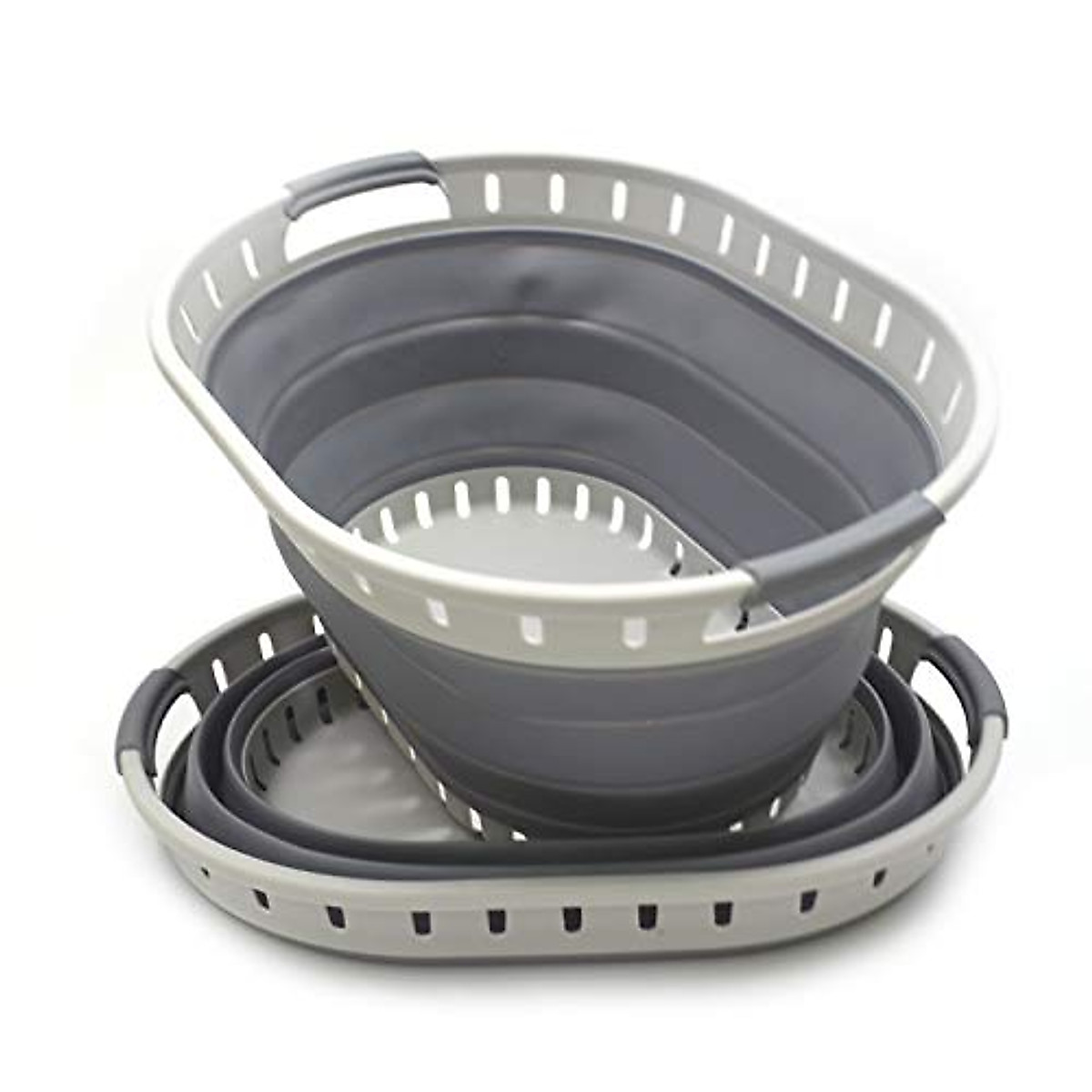 SAMMART 25L (6.6 gallon) Collapsible Plastic Laundry Basket - Foldable Pop Up Storage Container/Organizer - Portable Shopping Basket - Space Saving Hamper (Oval set of 2, Dark Grey)