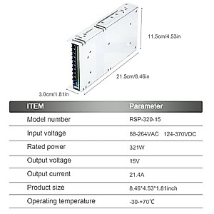 TorqCali RSP-320-15 320W Single Output Power Supply 15V 21.3A Constant Current with PFC, 88-264VAC Input, for Industrial Automation, Test Systems, and Battery Charging