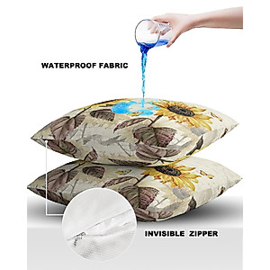 EwdeWwo Sunflower Outdoor Pillow Covers Pack of 2, Retro Sunflower Floral Butterfly Waterproof Pillow Covers Seasonal Spring Summer Throw Pillowcase for Patio Funiture Garden Tent, 16 x 16 inch