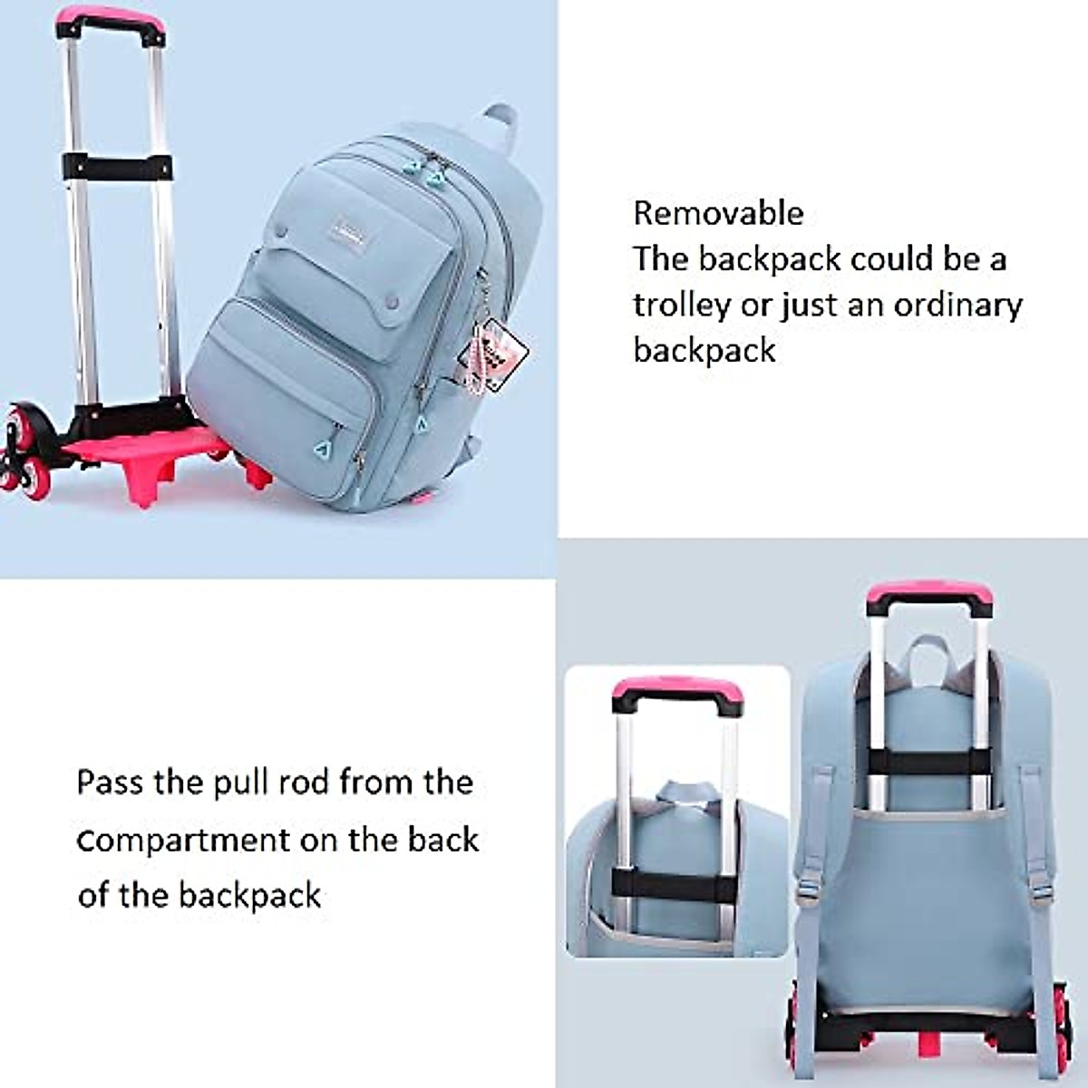 Rolling Backpack for Boys and Girls with Wheels Solid Color Kids Wheeled Bookbag Trolley School Bag for Women