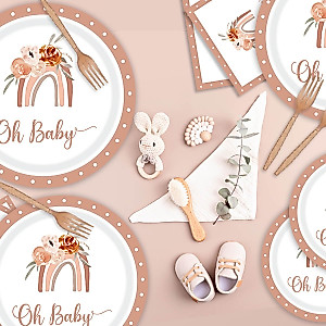 96 Pcs Boho Rainbow Party Paper Plates Napkins, Boho Wedding Baby Shower Girls Birthday Party Decorations Supplies Disposable Dinnerware Tableware Set Serves 24