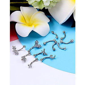 Vsnnsns 16G Rook Daith Piercing Jewelry Stainless Steel 8mm Curved Barbell Eyebrow Rings Cartilage Helix Tragus Belly Lip Rings CZ Piercing Jewelry Daith Rook Earrings for Women Men 12pcs Silve