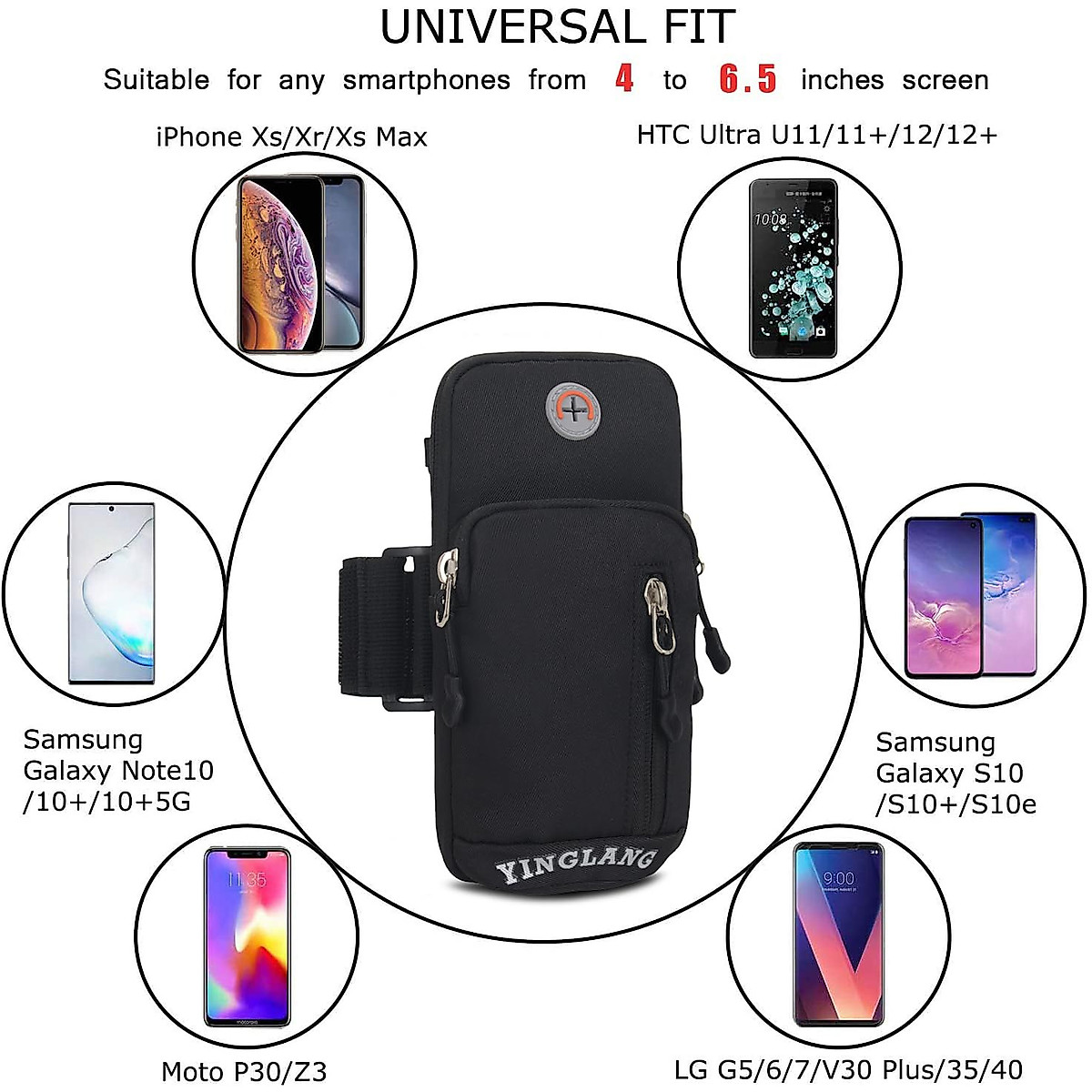 Sport Running Armband Wristband Cell Phone Holder Pouch Case Crossbody Shoulder Purse Arm Bag for iPhone 13 12 Pro Max Samsung Galaxy S21 FE S20 S22 Ultra Note 10+ Plus A03S A12 Google Pixel 6 (Black)