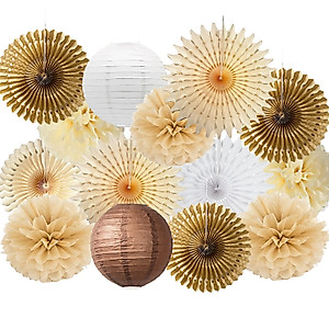 Brown Birthday Party Decorations Rustic Natural Birthday Tan Brown Ivory Paper Fans Paper Pom Poms Flowers Happy Birthday Foil Balloons for Baby Shower Woodland Teddy Bear Birthday Party Decoration