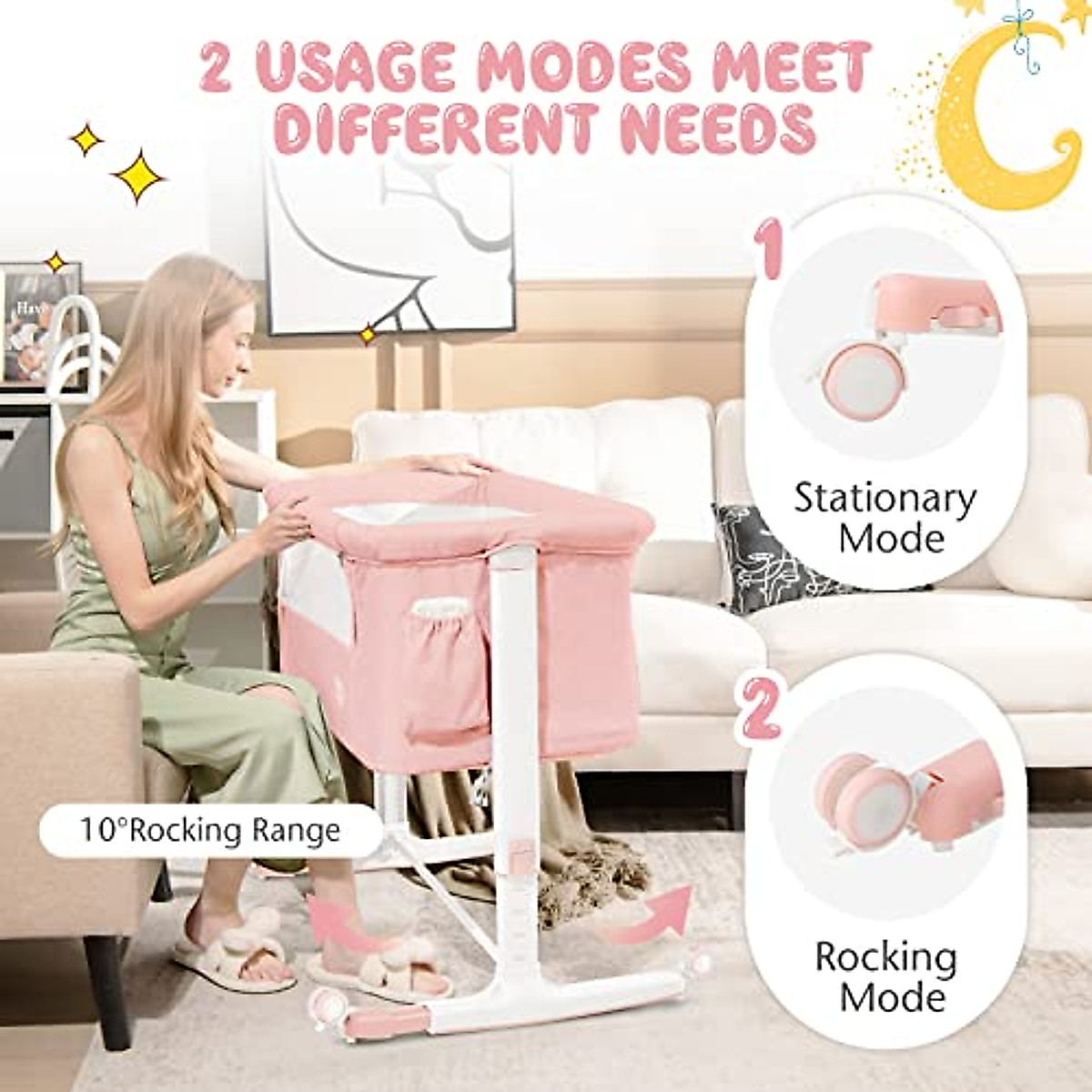 BABY JOY Bassinet Bedside Sleeper, 3 in 1 Folding Crib w/Adjustable Height, Mattress, Lockable Wheels, Storage Pocket & Carry Bag for Infant Newborn, Stationary & Rock, Portable Baby Bassinet (Pink)