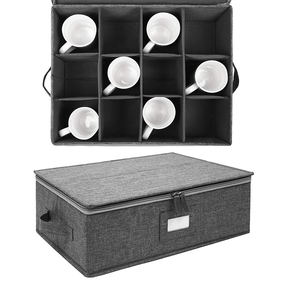 popoly Cup and Mug Storage Box, China Storage Containers Chest with Zipper Lid and Handles, Holds 12 Coffee Mugs and Tea Cups, Hard Shell and Stackable(Grey)