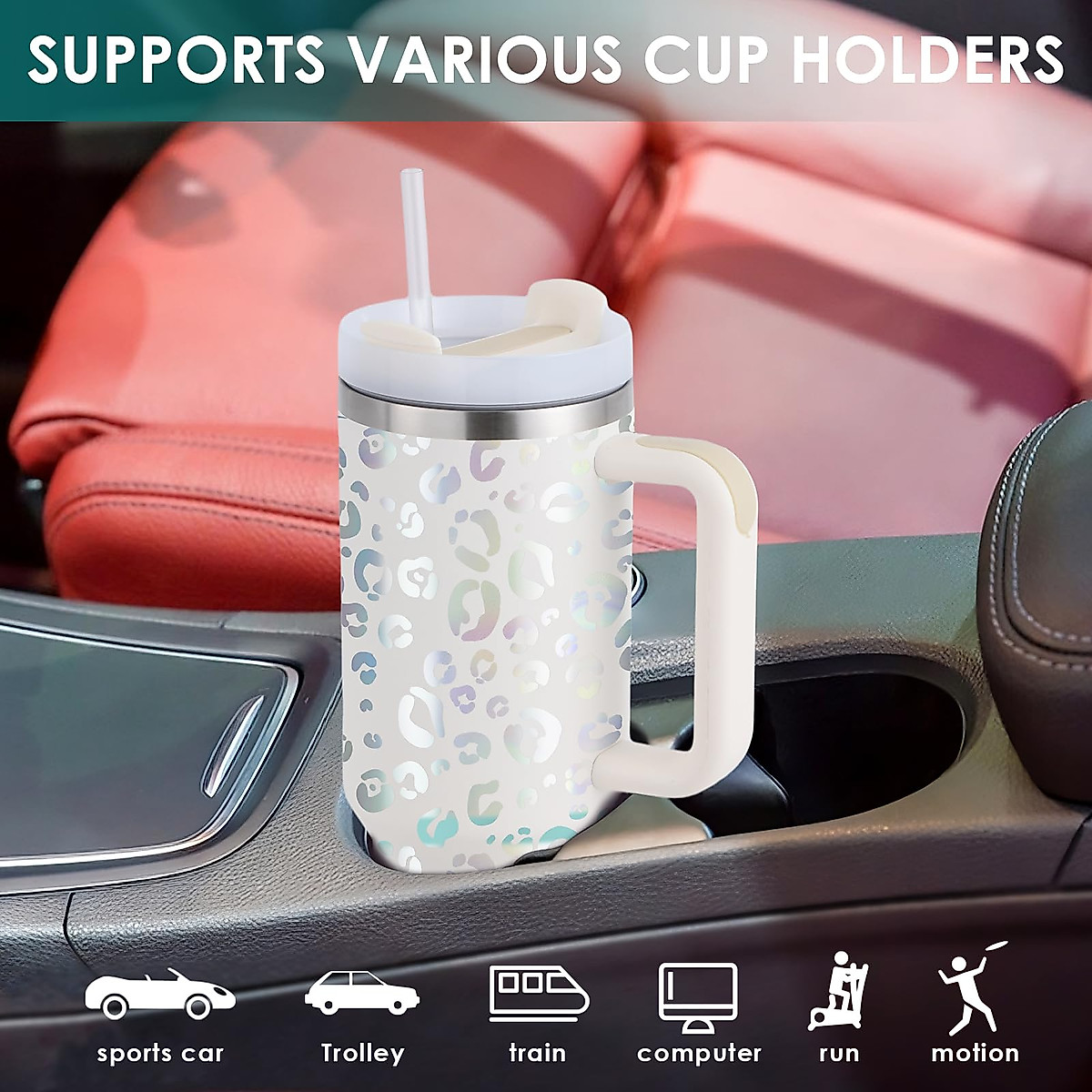 PIMDIR 40oz Leopard Tumbler with Handle Straw Lid, Stainless Steel Vacuum Insulated Reusable Travel Mug Keep Drinks Cold Ice Gym Cup, Gifts for Women Lovers, Car Holder Friendly, White