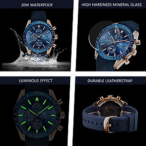 BENYAR Mens Watches Quartz Chronograph Business Luxury Brand Waterproof Wristwatches Fashion Brown Leather Watches for Men (Golden Blue-J)
