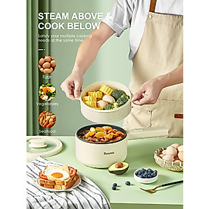 Hot Pot Electric With Steamer, 1.6L Ramen Cooker Non-Stick Sauté Pan for Steak, Egg, Fried Rice, Ramen, Oatmeal, Soup, Portable Personal Perfect Suit Dorm Room and Apartment (White)