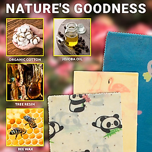 EZGOODZ Reusable Beeswax Food Wraps S, M, L. Pack of 3 Organic Reusable Beeswax Wrap with Animal Print. Washable Bee Wax Paper Food Wrap for Sandwiches, Bowls. Sturdy Beeswax Wraps for Food Reusable