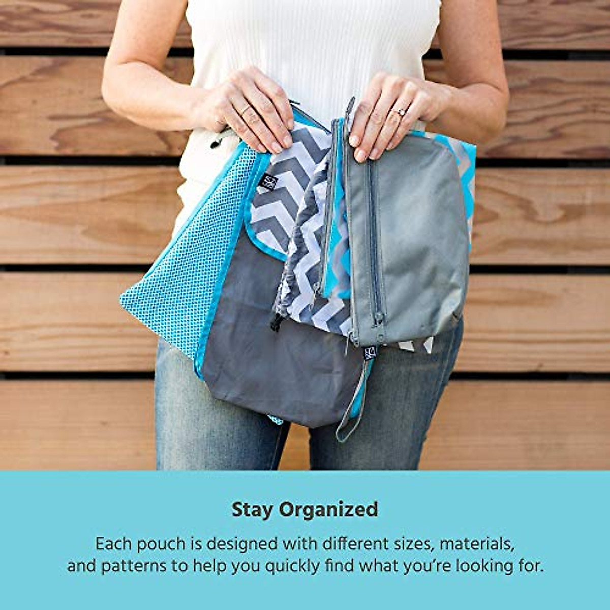 J.L. Childress Diaper Bag Organizer - Set of 5 Pouches - Organizing Pouches for Diaper Bag, Purse, Backpack - Clutch with Wrist Strap, Wet Bag, Food Pouch and More - Grey/Chevron