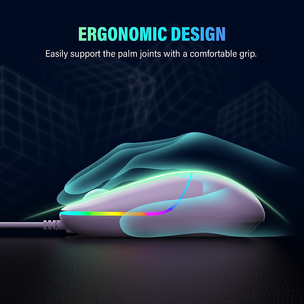 FENISIO Wired Mouse, LED Computer Mouse Wired, 4 Adjustable DPI up to 6400 Ultra Silent Mouse, Optical Tracking USB Mouse Soft Rubber Corded Mouse for Laptop PC Windows (Purple)