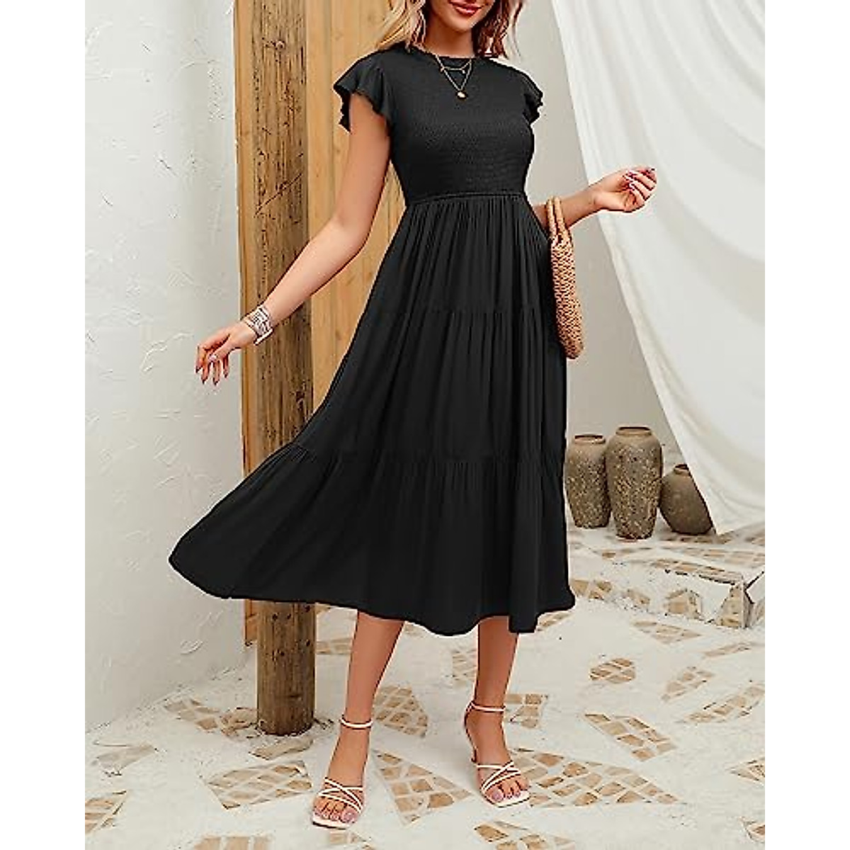 Holipick Women's Summer Casual Dress Short Sleeves Crew Neck Smocked High Waist Tiered A-Line Midi Dress M Black