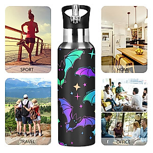 Yasala Halloween Water Bottle Bat Star Neon Coffee Thermos Stainless Steel Insulated Beverage Container 20 oz with Straw Lid BPA-Free for Sport, Travel, Camping, Back to School