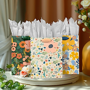 cofullsky Gift Bags Medium Size, Four Flower Designs Gift Bags with Tissue Paper for Wedding Bridal Baby Shower Women Reusable Gift Bags with Handles for Valentines Day Christmas Holiday Birthdays